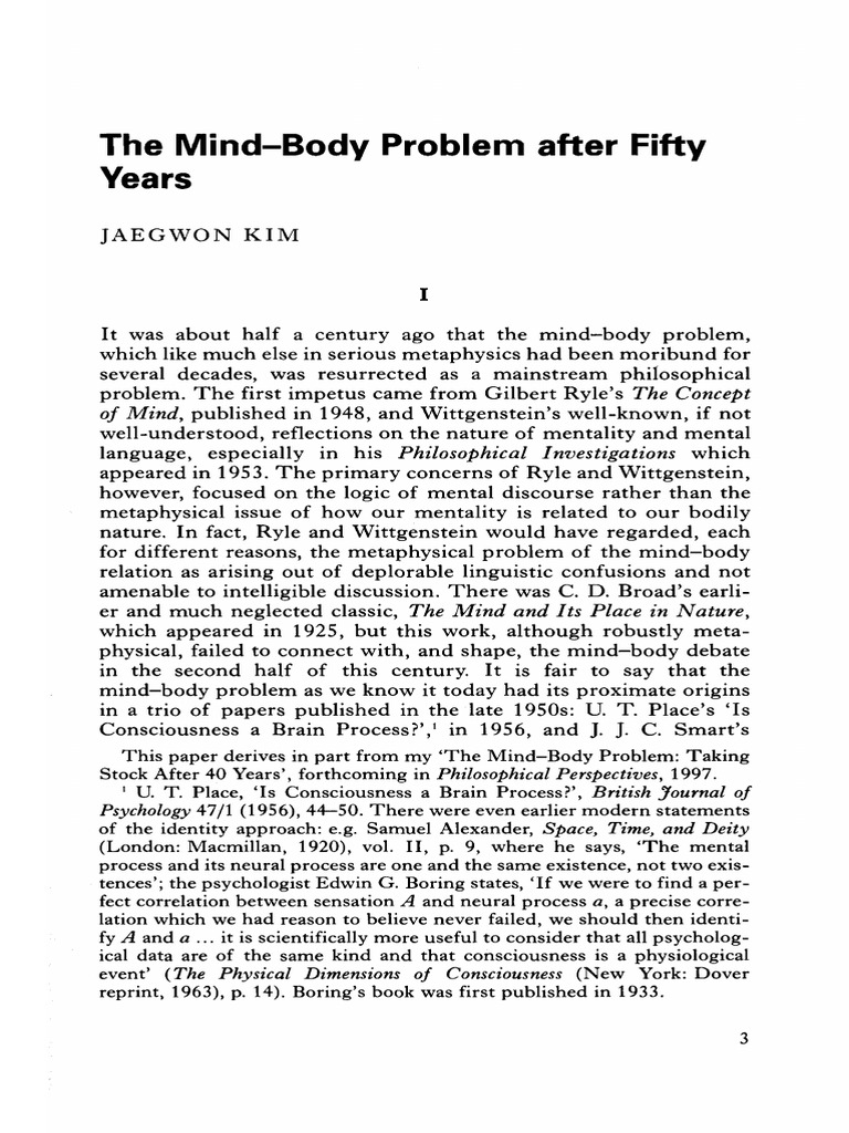 JAEGWON KIM - The Mind-Body Problem After Fifty Years | PDF ...