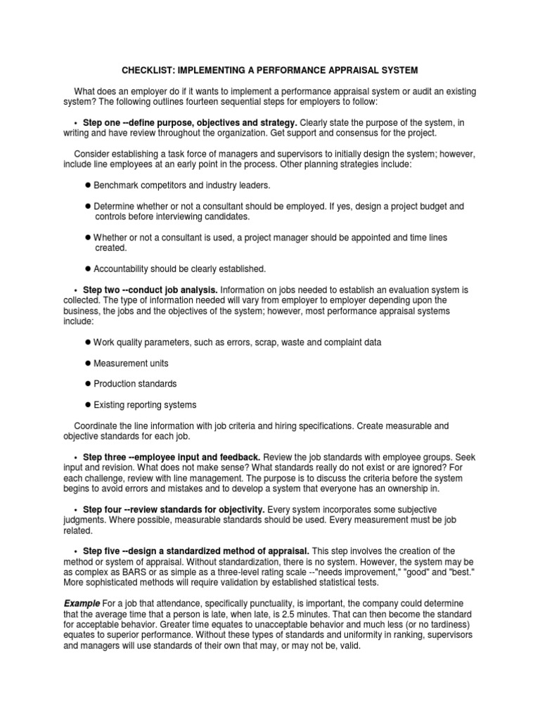 Checklist Implementing A Performance Appraisal System | PDF ...