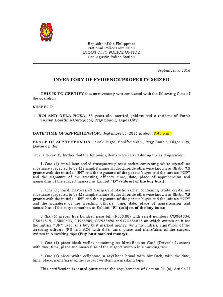 Inventory of Evidence (PNP) | PDF | Law Enforcement | Crime & Violence