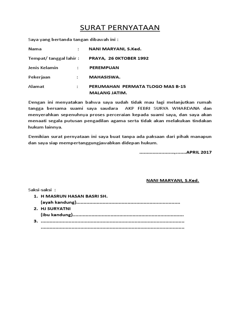 Surat Pernyataan Perceraian Nani Maryani | PDF