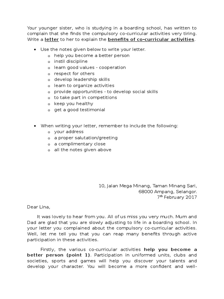 Informal Letter - Benefits of Co-Curricular Activities | PDF ...