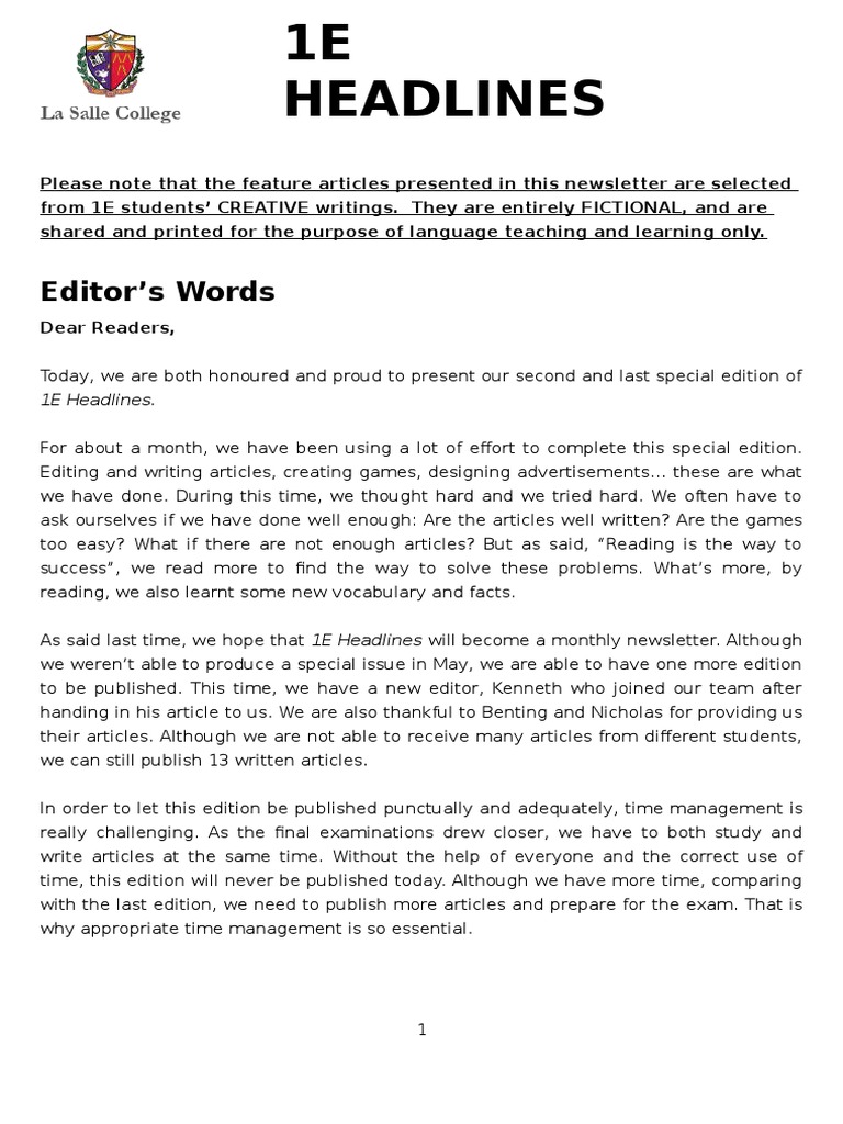 1E Headlines Second Issue (Final For Print) | PDF | Test (Assessment ...