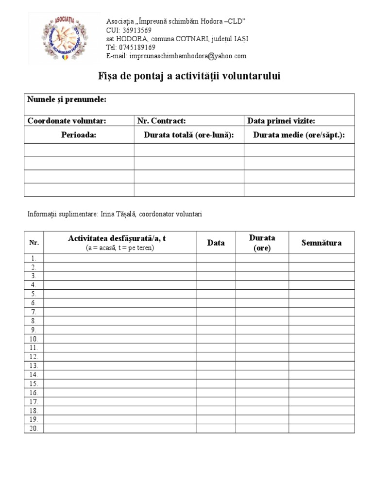 Fisa de Pontaj A Activitatii Voluntarului | PDF