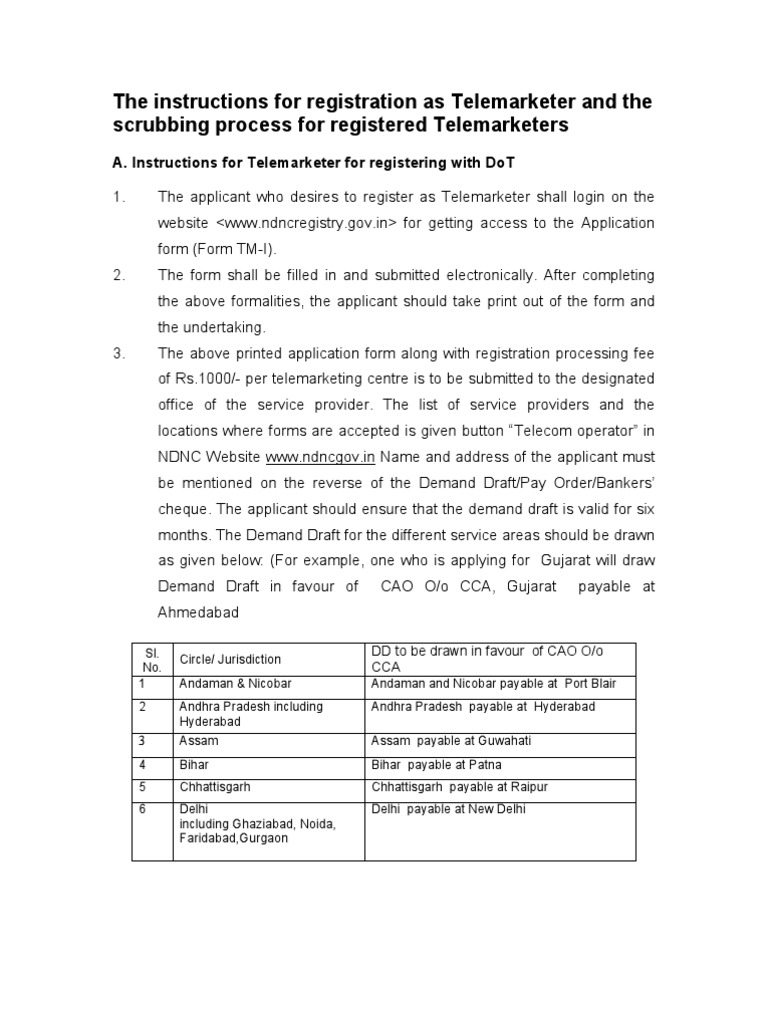 The Instructions For Registration As Telemarketer and The Scrubbing ...