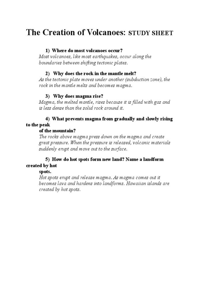 The Creation of Volcanoes:: Study Sheet | PDF | Science & Mathematics