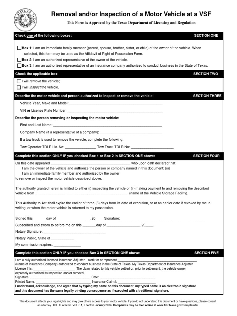 Vsf011 Form - Removal and or Inspection of a Veh at a Vsf | Signature ...