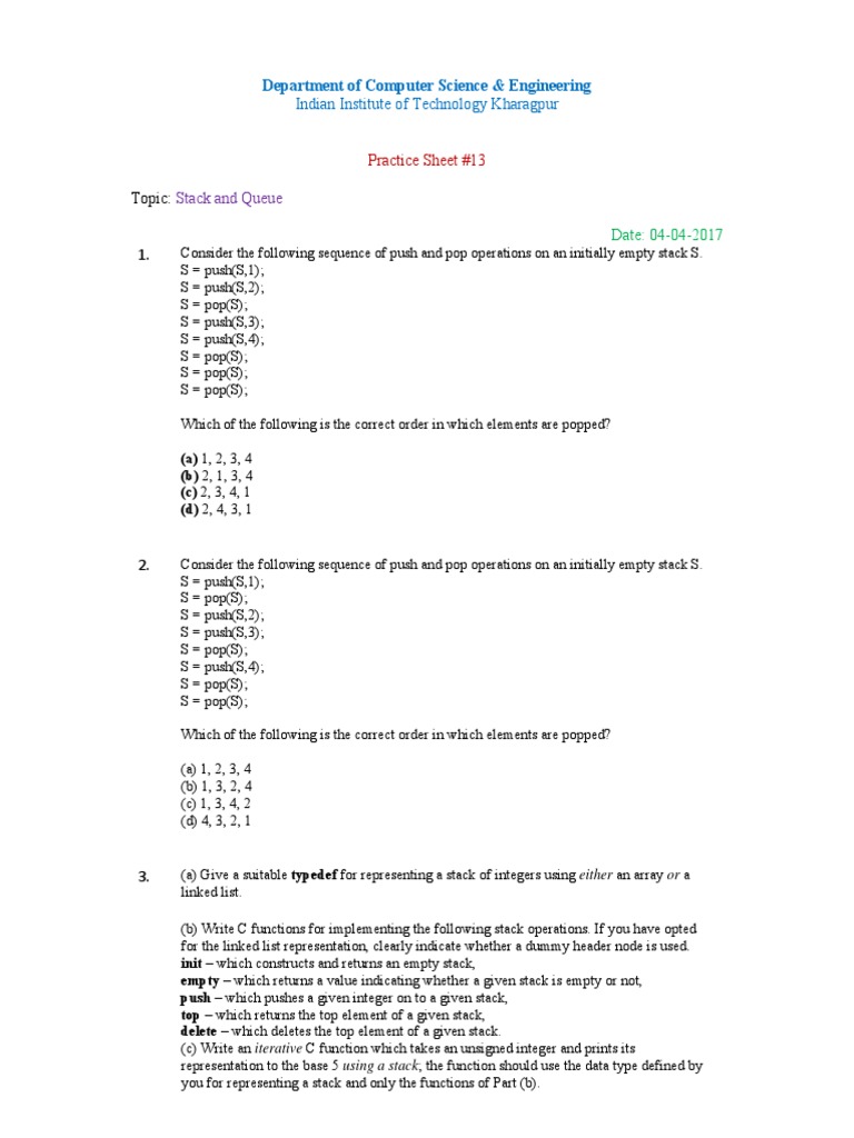 Iit KGP Practice-13 Stacks and Queues | Download Free PDF | Queue (Abstract Data Type) | Pointer ...