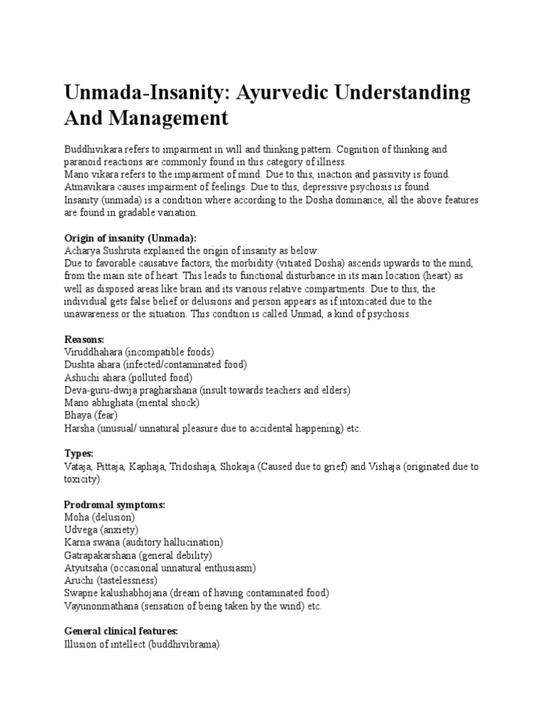 Unmada-Insanity Ayurvedic Understanding and Management | PDF | Paranoia ...