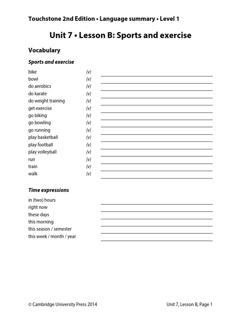 Unit 7 - Lesson B: Sports and Exercise: Touchstone 2nd Edition - Language Summary - Level 1 ...