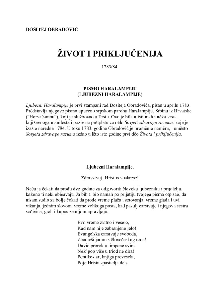Dositej Obradovic Zivot I Prikljucenija PDF | PDF