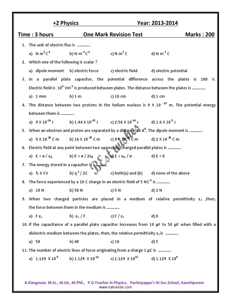 +2 PHYSICS 200 MCQ EM Test WITH Answer Key and Problems Key PDF | PDF ...