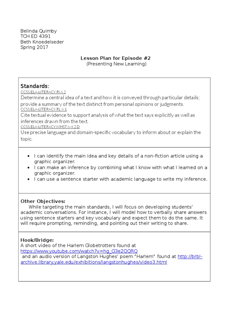 Harlem Renaissance Lesson Plan | PDF | Reading (Process) | Vocabulary