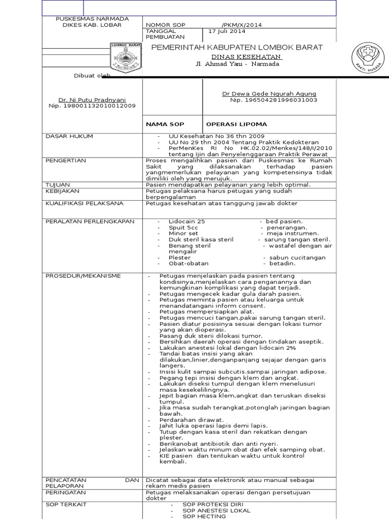 SOP Operasi Lipoma Puskesmas Narmada | PDF