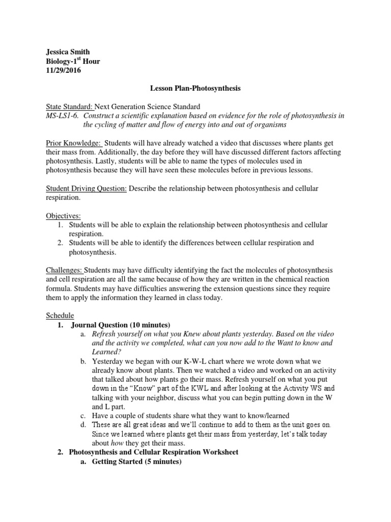 Photosynthesis Lesson Plan | PDF | Photosynthesis | Lesson Plan