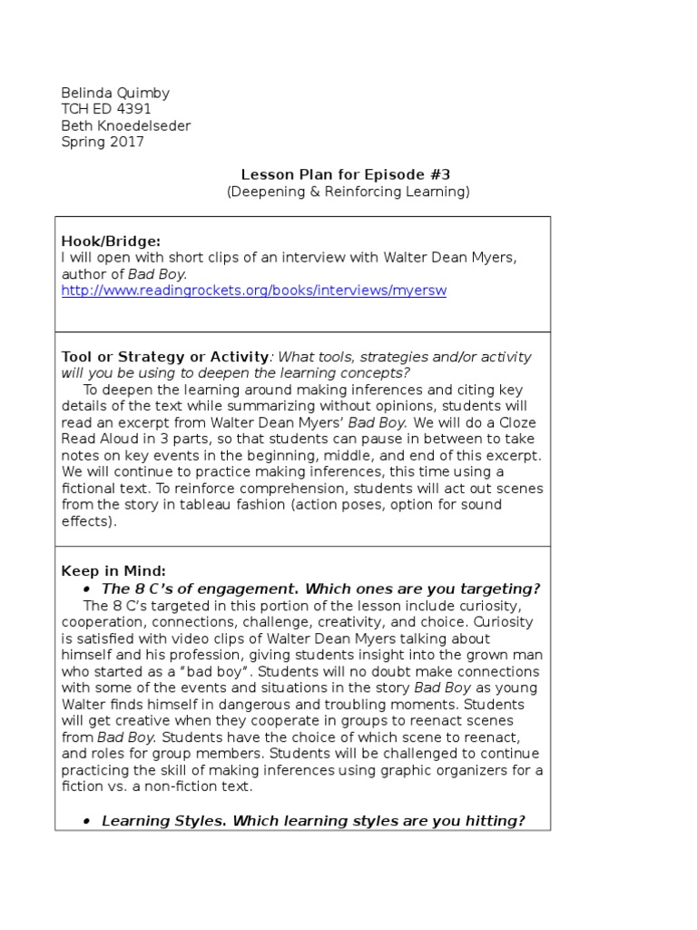 Lesson Plan: Deepening Learning with Bad Boy | PDF | Reading ...