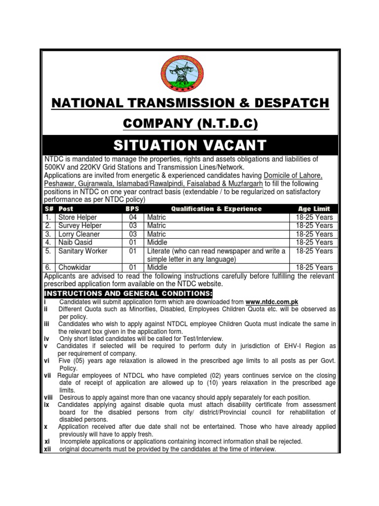 NTDC Vacancies for Store Helper and Other Posts | PDF | Employment ...