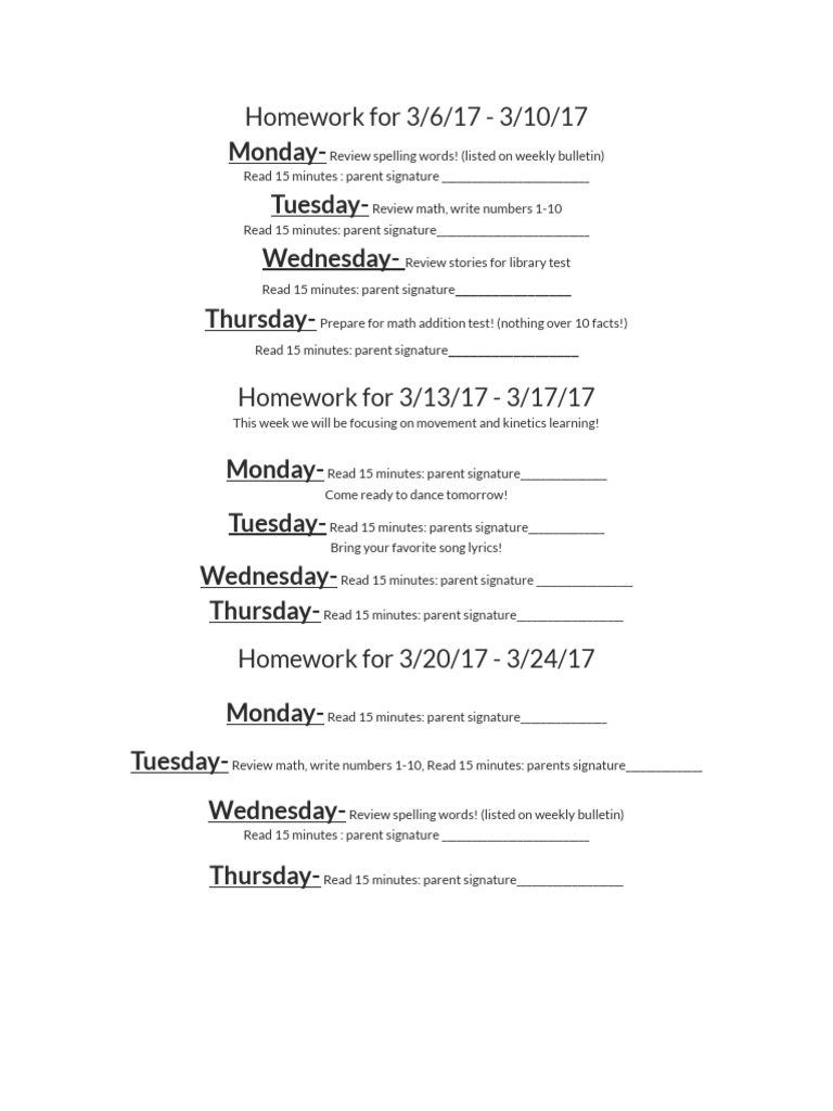 Homework Schedule | PDF