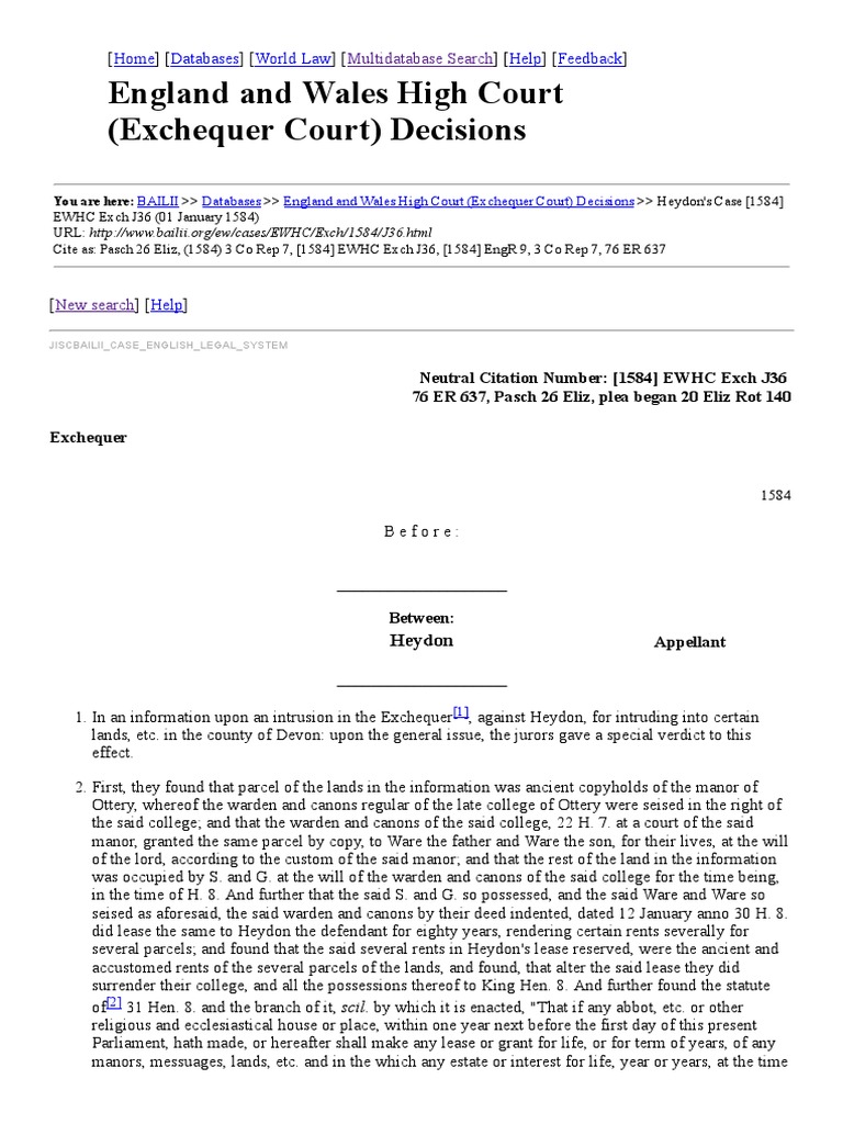 Heydon's Case (1584) EWHC Exch J36 (01 January 1584) | PDF | Common Law ...