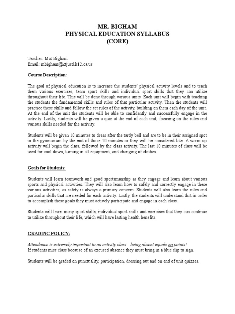 Core Pe Syllabus | PDF | Physical Education | Quality Of Life