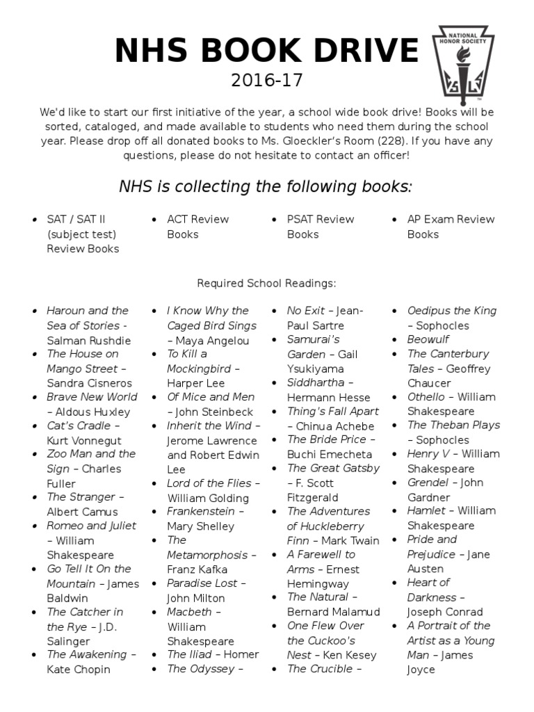 Nhs Book Drive: NHS Is Collecting The Following Books | PDF