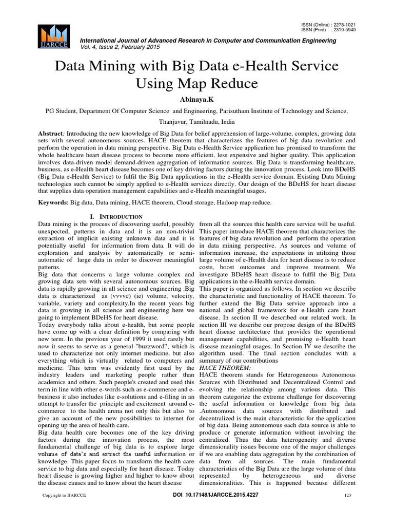Data Mining With Big Data E-Health Service Using Map Reduce: Abinaya.K | PDF | Big Data | Apache ...
