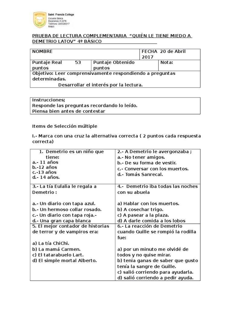 PRUEBA de Lectura Complementaria | PDF | Ocio