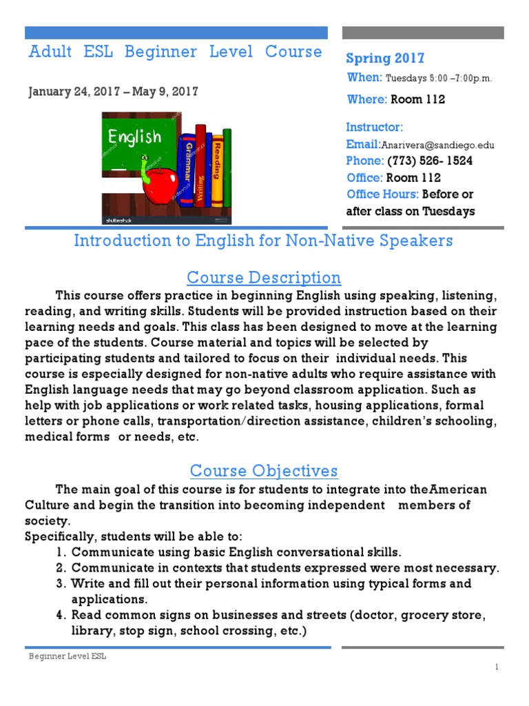 Syllabus Montgomery Beginner Adult Esl | PDF | English As A Second Or ...
