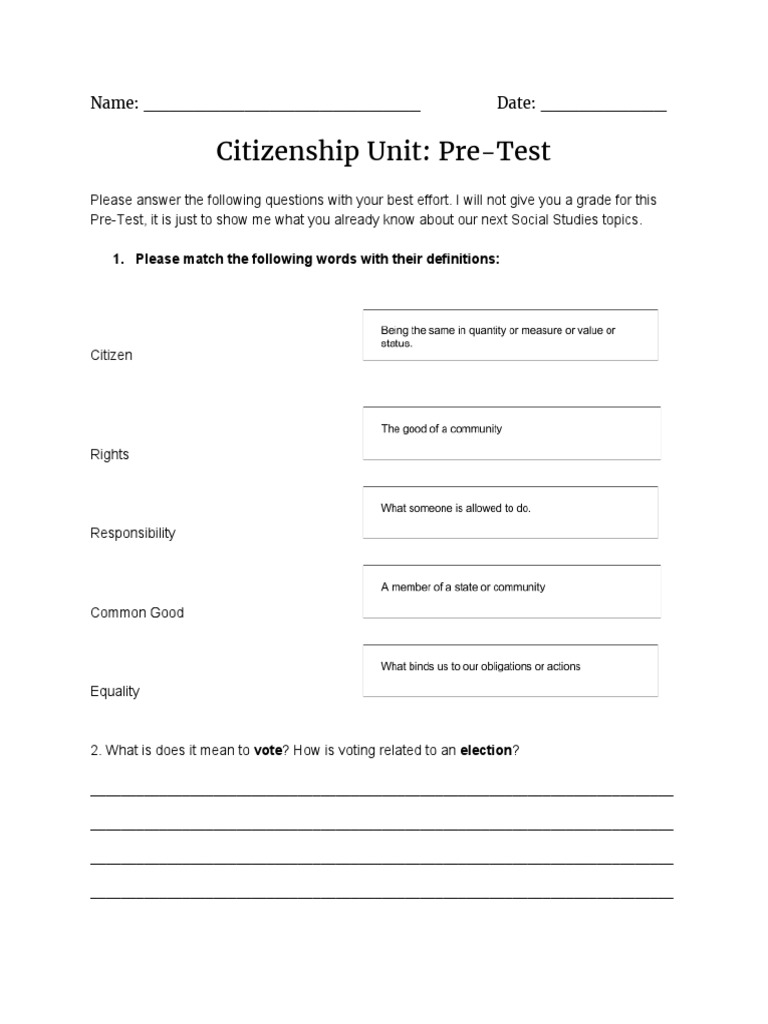 Citizenship Unit: Pre-Test: Name: - Date | PDF