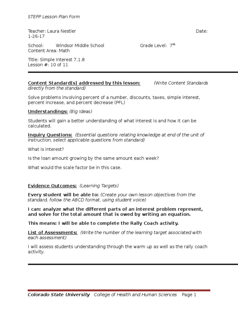 STEPP Lesson Plan Form: Colorado State University College of Health and ...