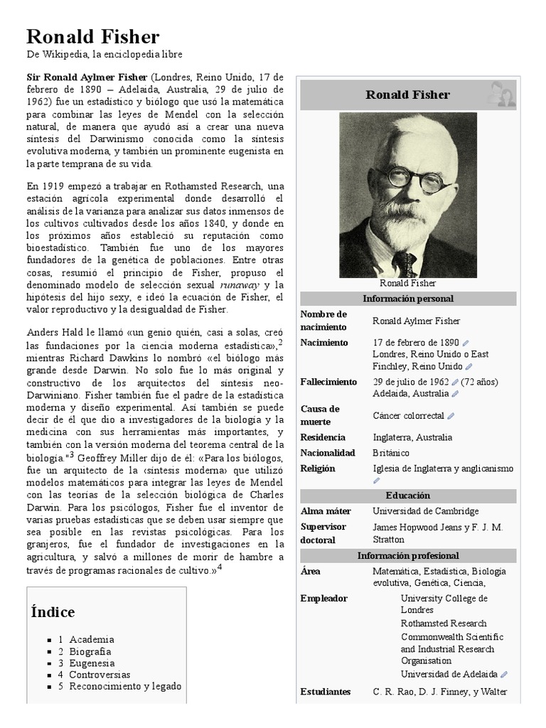 Ronald Fisher - Wikipedia, La Enciclopedia Libre | Biología ...