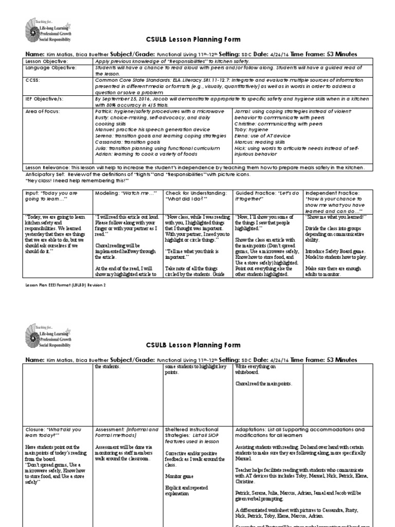 Kitchen Safety Lesson Plan for Teens | PDF | Lesson Plan ...