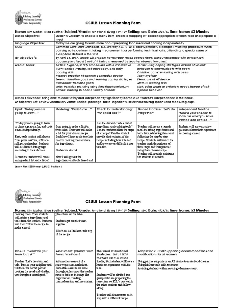 5 lesson plan - recipe | Educational Assessment | Lesson Plan