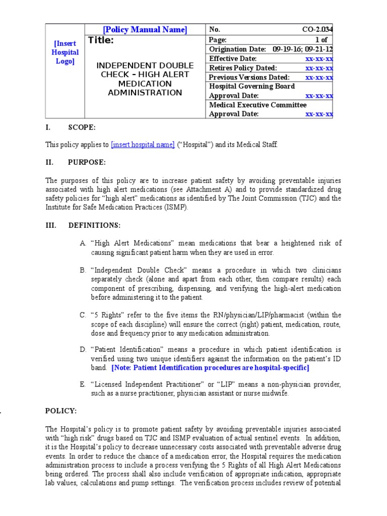 Policy - Co-2-034 Independent Double Check High Alert Medications | PDF ...