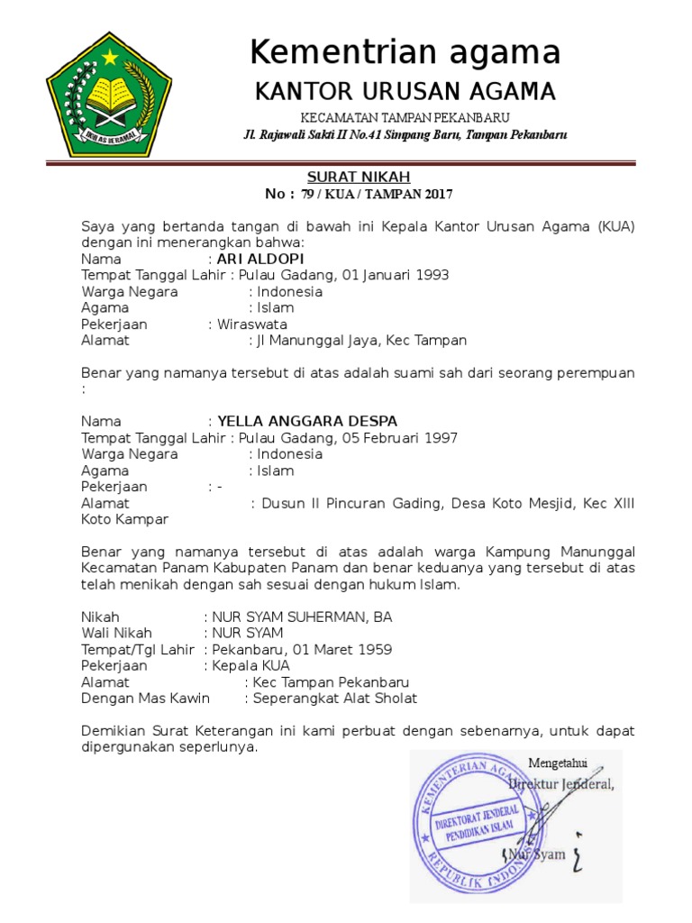 Saya Yang Bertanda Tangan Di Bawah Ini Kepala Kantor Urusan Agama | PDF Saya Yang Bertanda Tangan Di Bawah Ini Kepala Kantor Urusan Agama | PDF