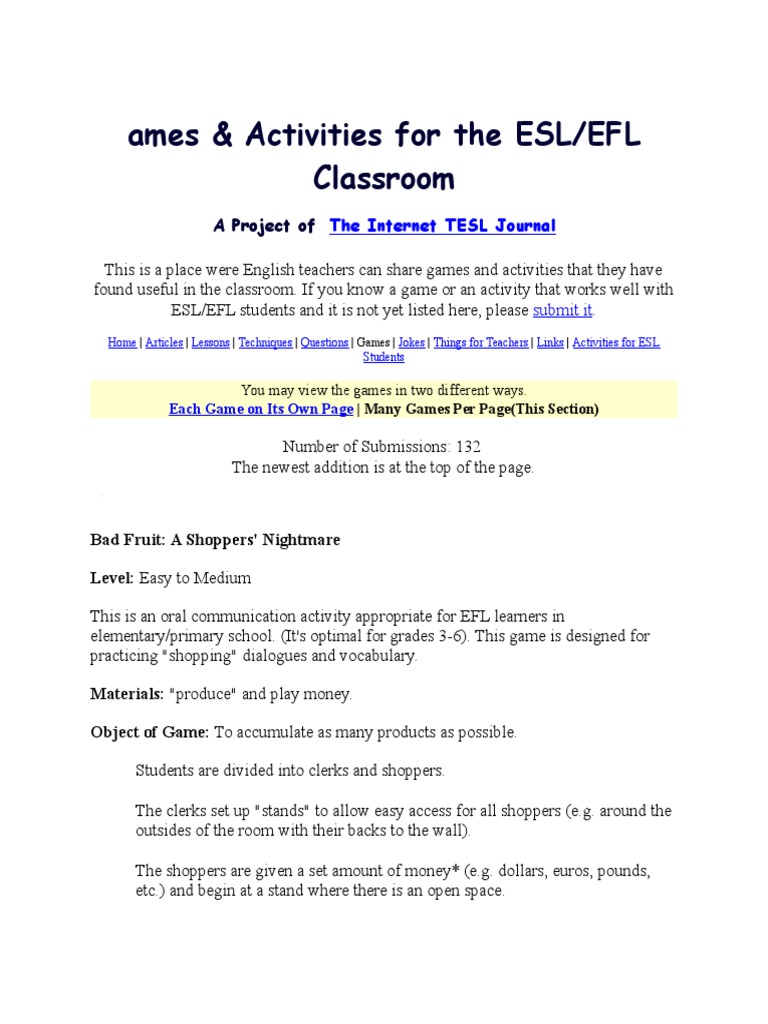 Ames & Activities For The ESL/EFL Classroom: A Project of | PDF ...