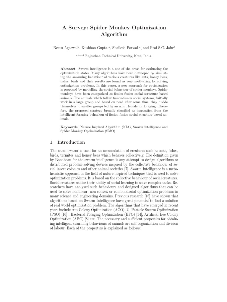 A Survey: Spider Monkey Optimization Algorithm | PDF | Mathematical Optimization | Algorithms