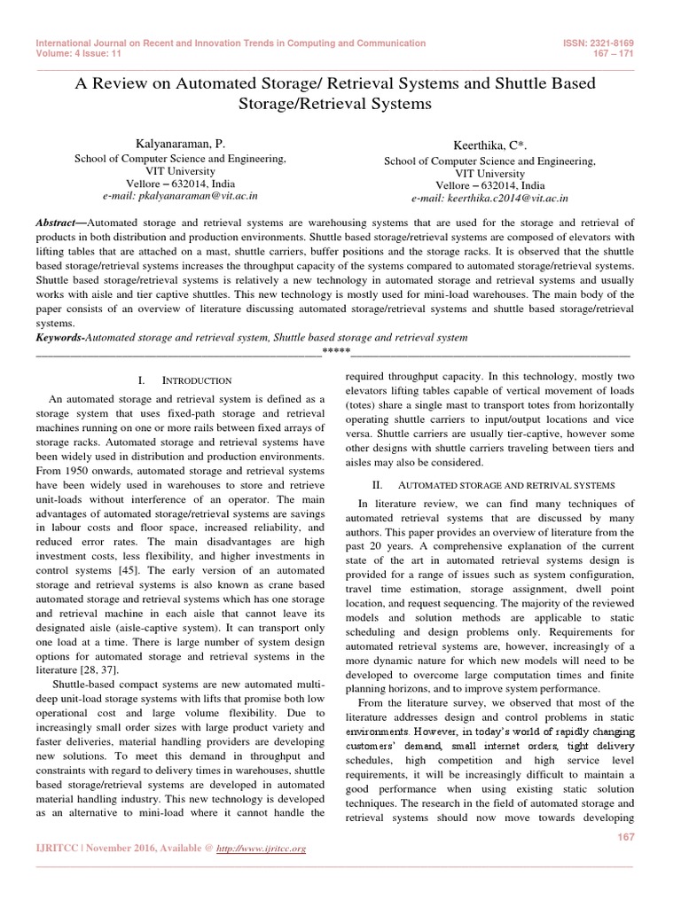 A Review On Automated Storage/ Retrieval Systems and Shuttle Based Storage/Retrieval Systems ...
