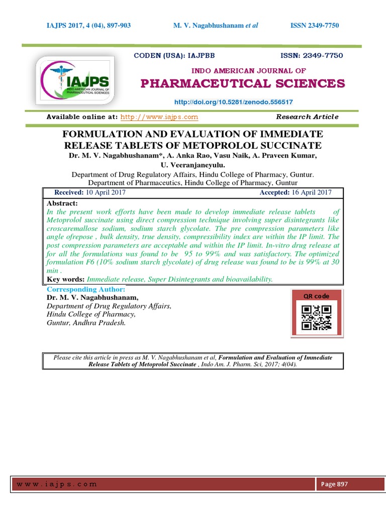 Formulation And Evaluation Of Immediate Release Tablets Of Metoprolol Succinate Tablet
