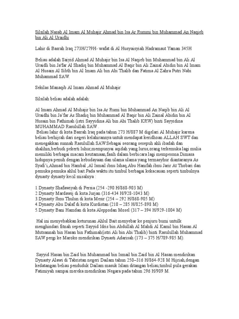 Silsilah Nasab Al Imam Al Muhajir Ahmad Bin Isa Ar | PDF