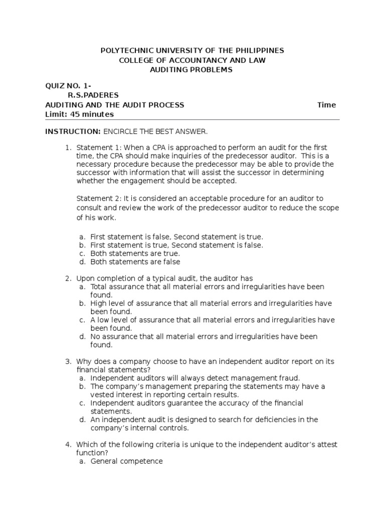 AP Quiz No. 1 Auditing and The Audit Process | PDF | Financial Audit ...