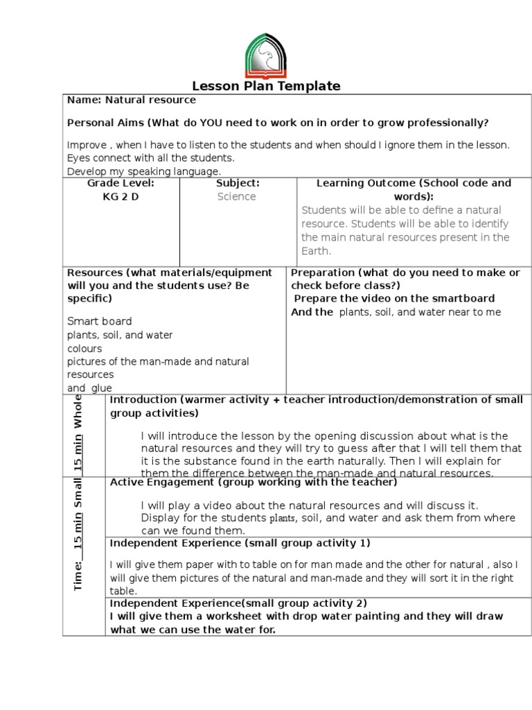 Natural Resources Lesson Plan for KG 2 D | PDF | Lesson Plan | Learning