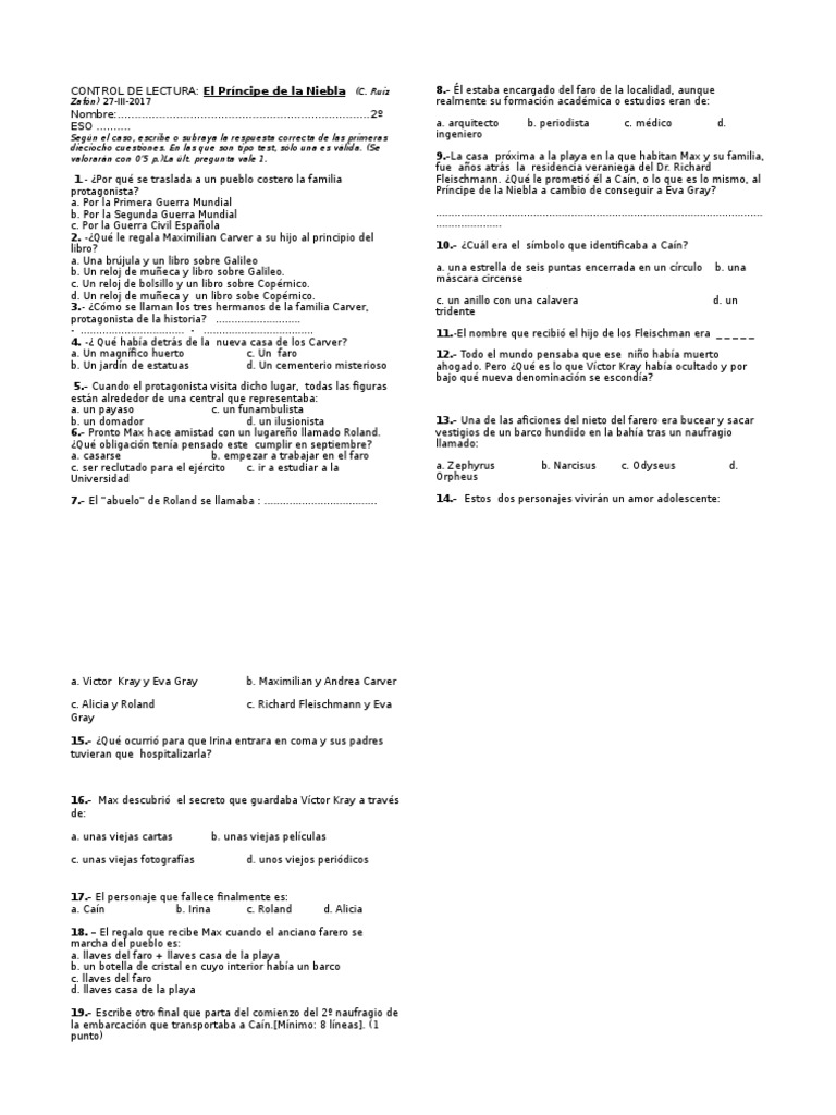 Examen Del Libro - El Principe Niebla | PDF | Agitación | Ocio