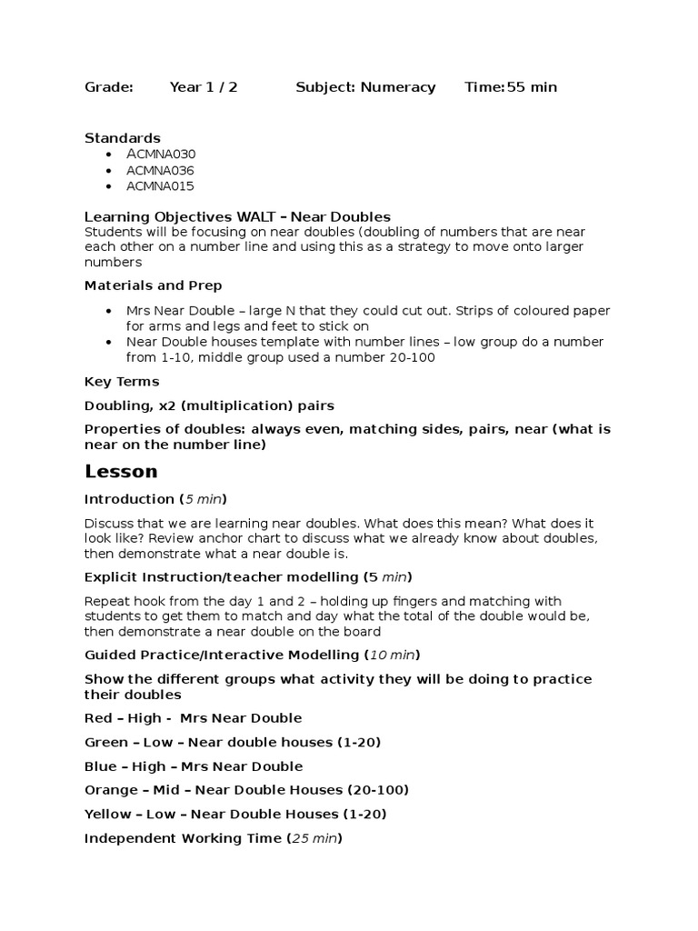 Near Doubles Lesson Plan | PDF | Lesson Plan | Epistemology
