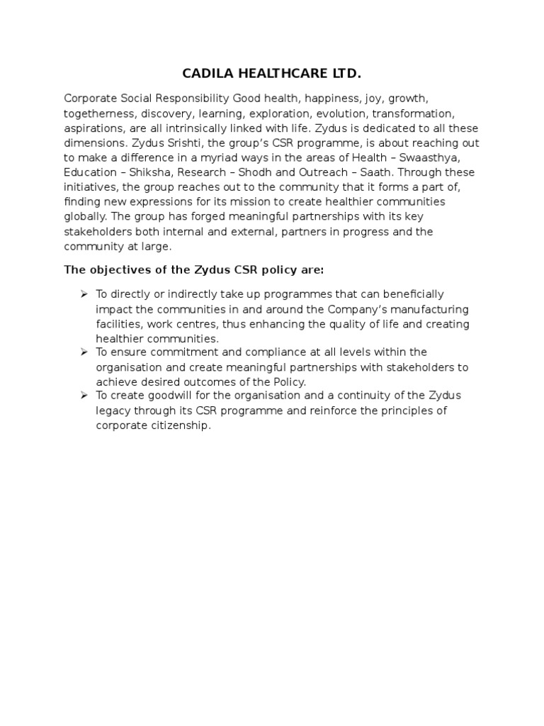 CSR CADILA HEALTHCARE LTD | Download Free PDF | Corporate Social ...