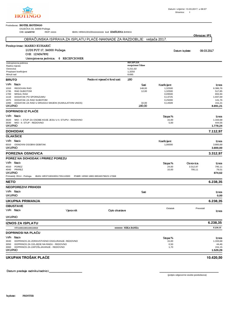 Platna Lista Primjer Kuhar | PDF