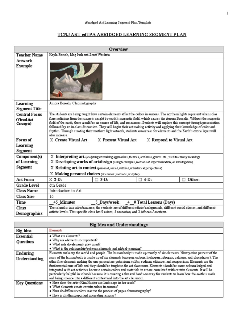 TCNJ Art Edtpa Abridged Learning Segment Plan | Download Free PDF ...