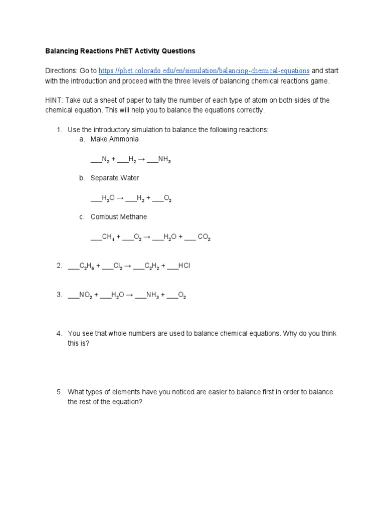 PhET Balancing Chemical Equations Guide | PDF