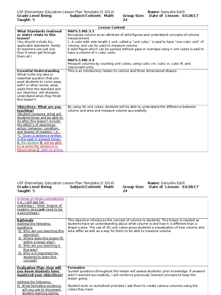 USF Elementary Education Lesson Plan Template (S 2014) | PDF ...