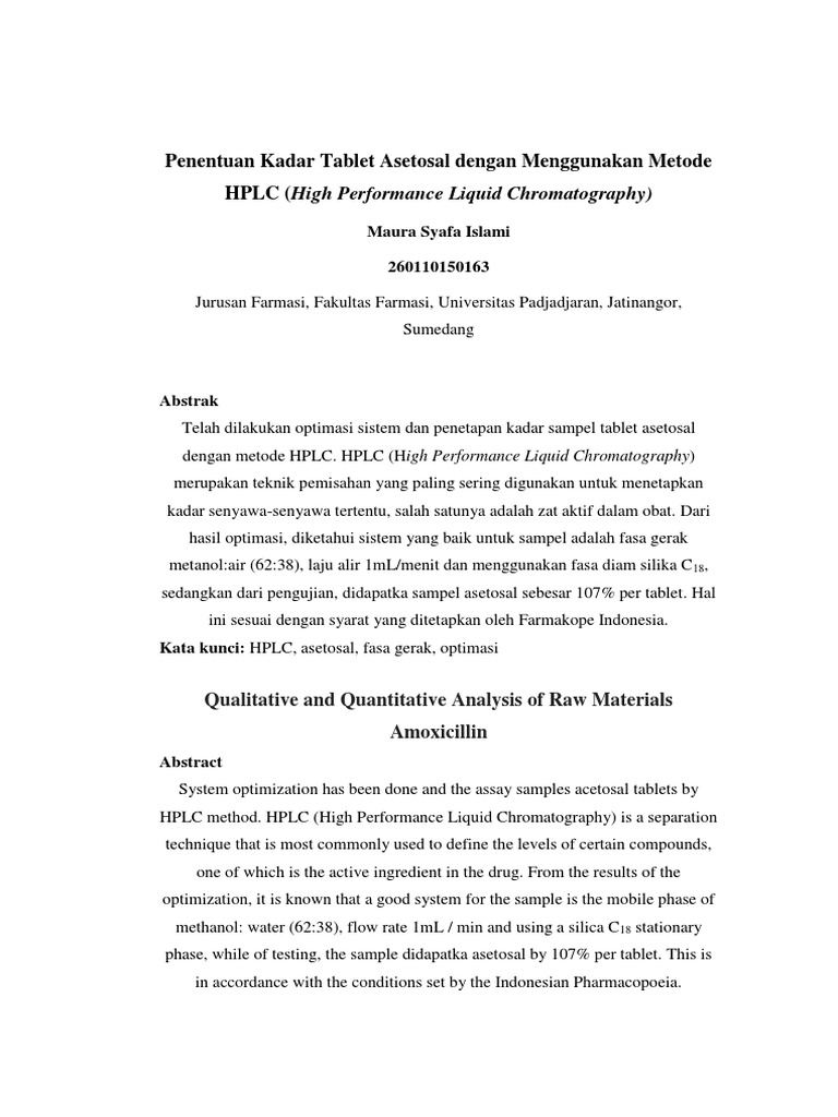 Penetapan Kadar Asetosal Dengan Metode HPLC PDF | PDF