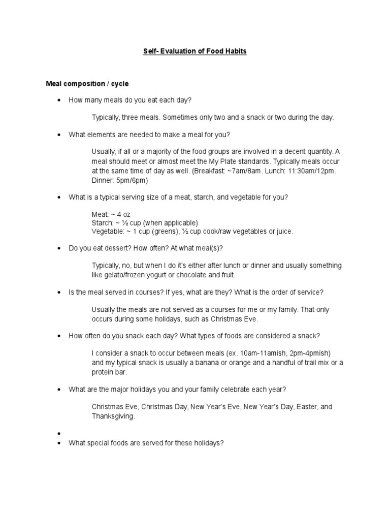 self evaluation food habits | Meal | Lunch